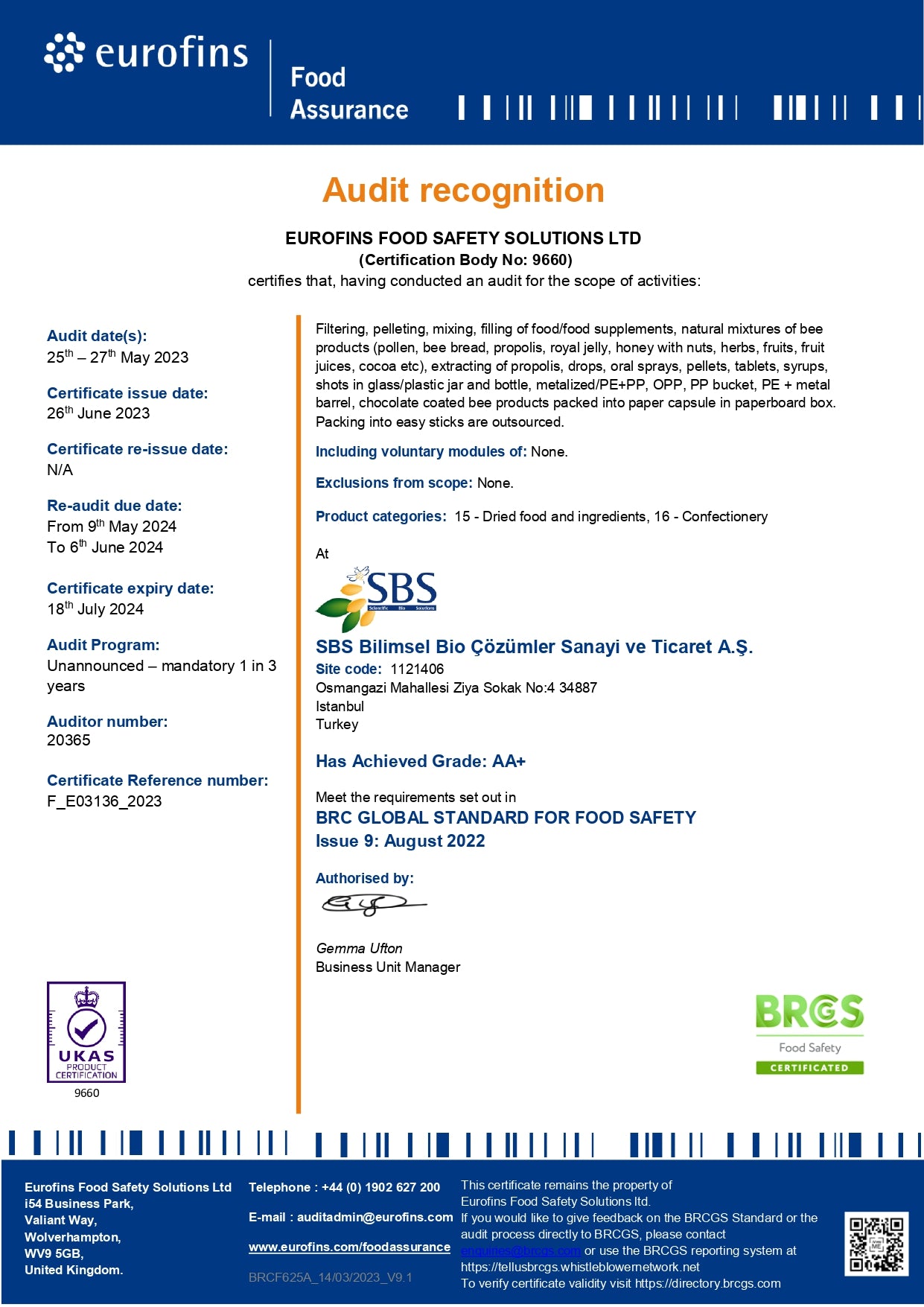 BRC CERTIFICATE – Bee and You EU