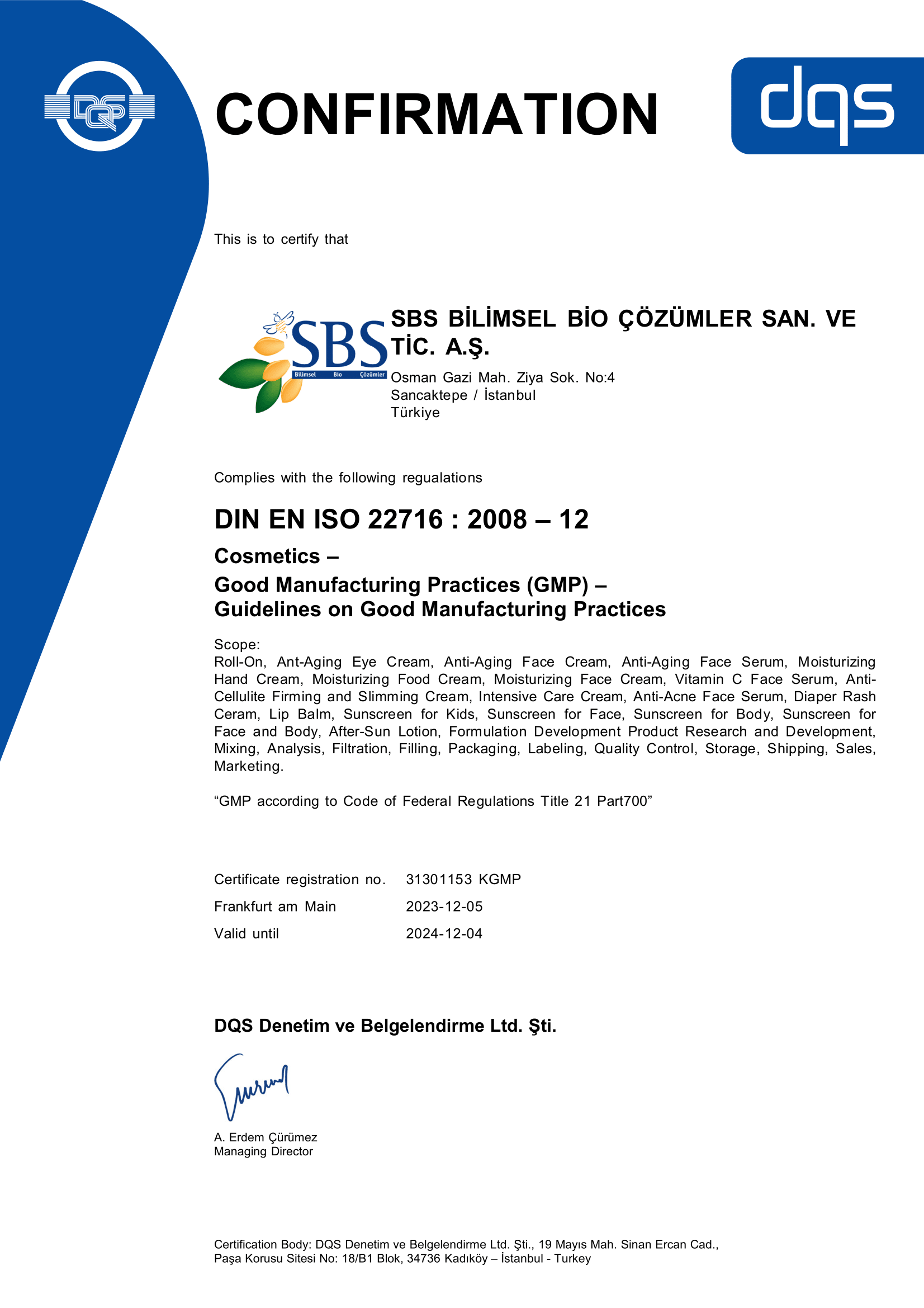 ISO 22716 Good Cosmetics Production Practices Certificate 2024